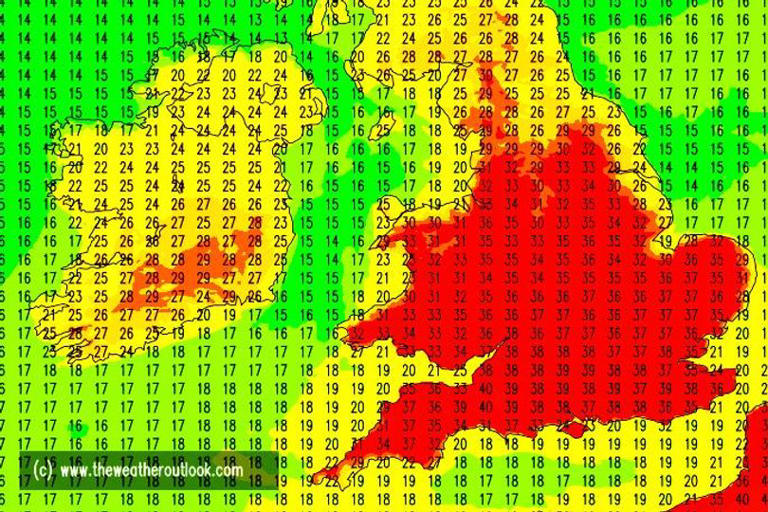 UK weather maps show record-breaking 42C heatwave with 24 counties at ...