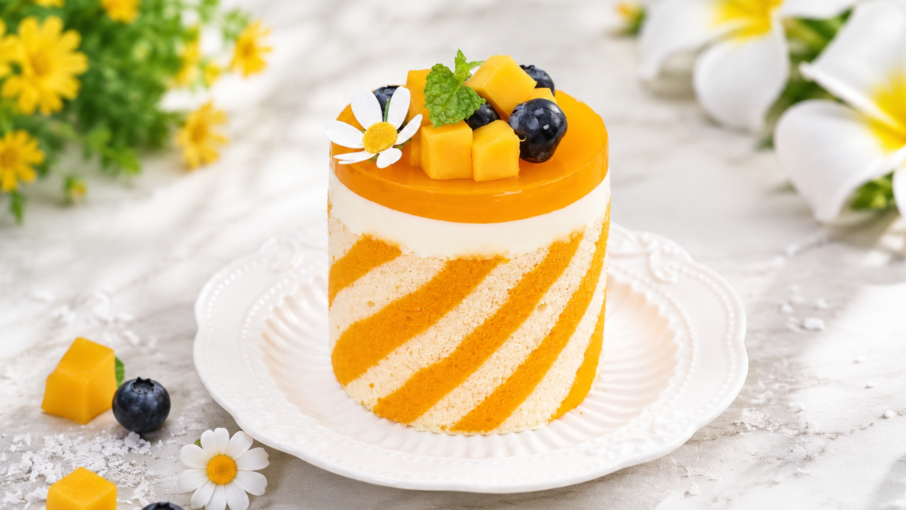 Mango swirl mousse cake