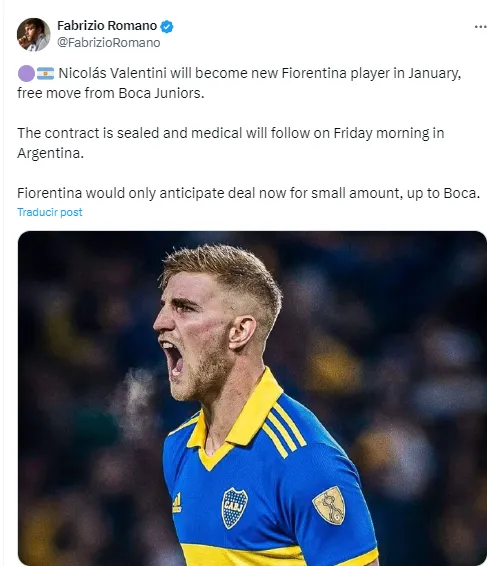 Se va de Boca: Nicolás Valentini llegó a un acuerdo con la Fiorentina