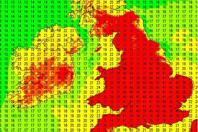 UK weather maps show record-breaking 42C heatwave with 24 counties at ...