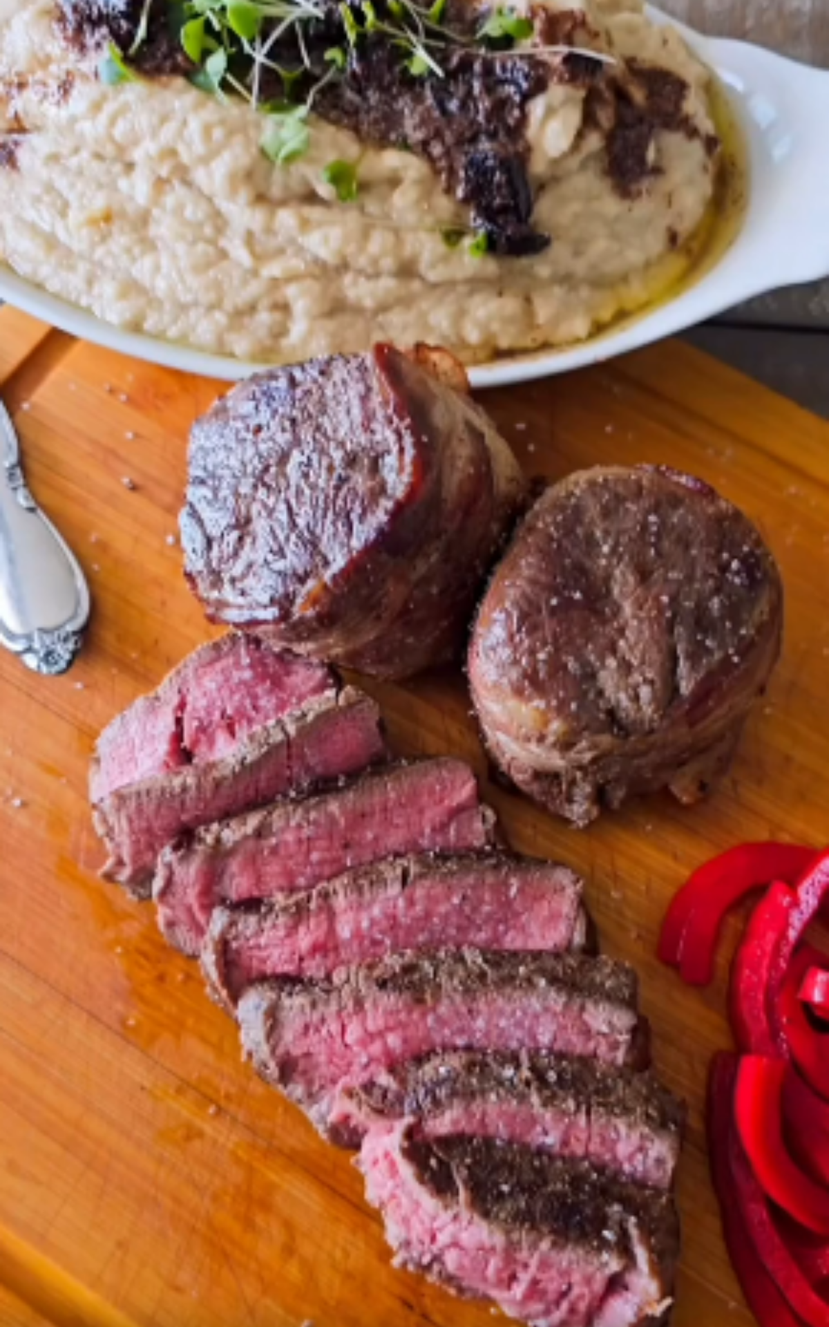 Bacon wrapped filet mignon with truffle cauliflower mash gourmet dinner