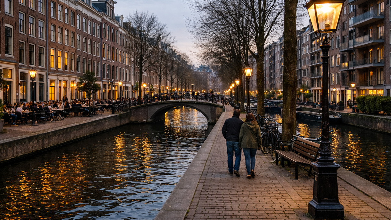 Amsterdam evening walk along glowing canals