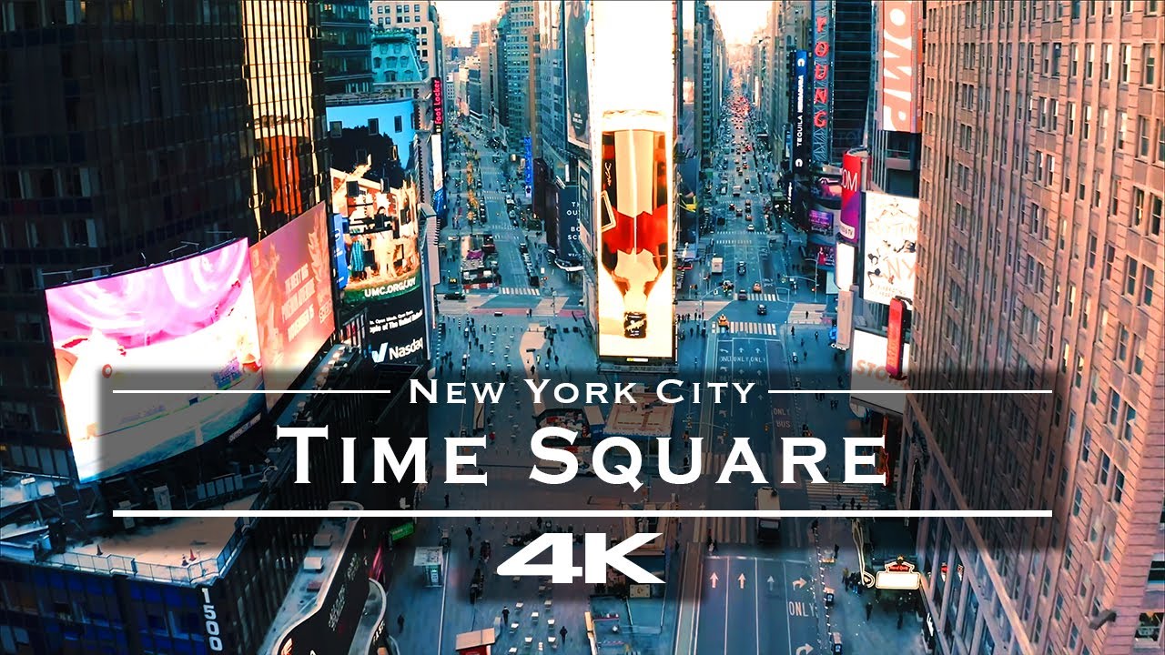 Times Square New York viewed from above in cinematic drone perspective