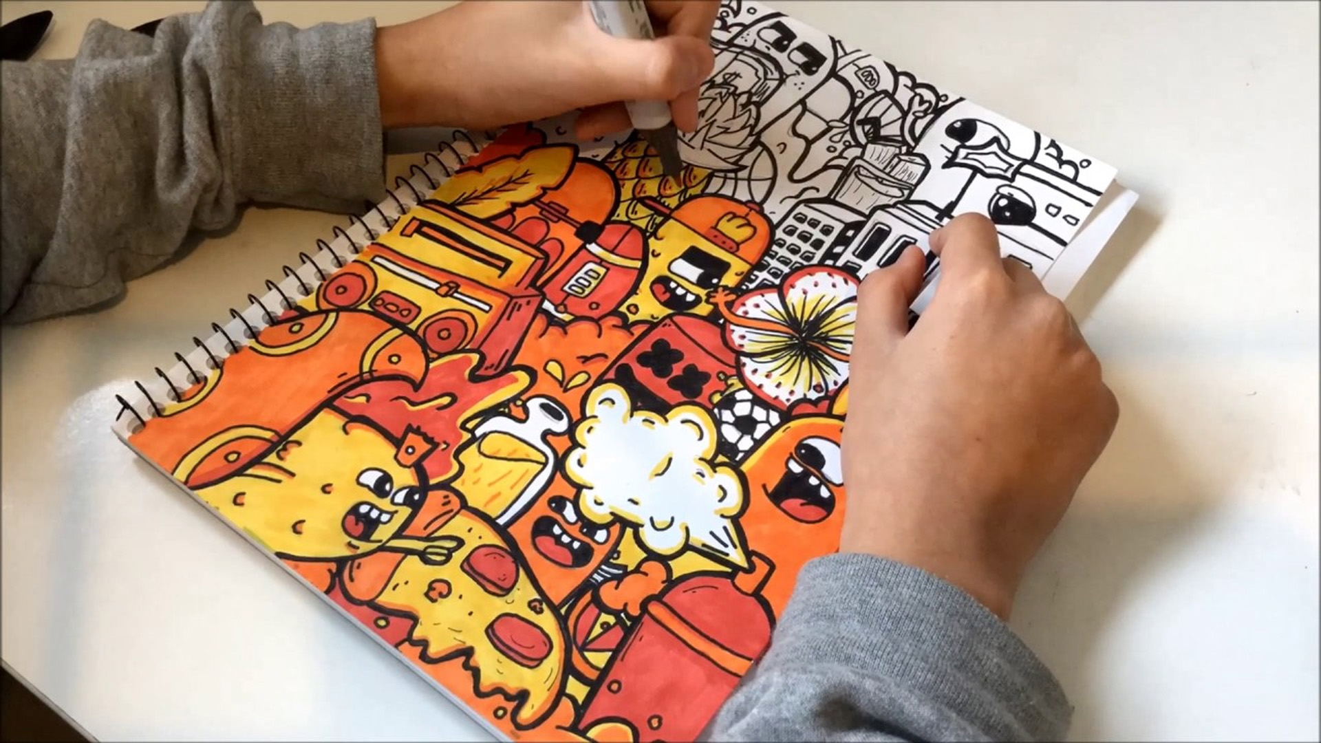 Complete fire themed doodle art process step by step