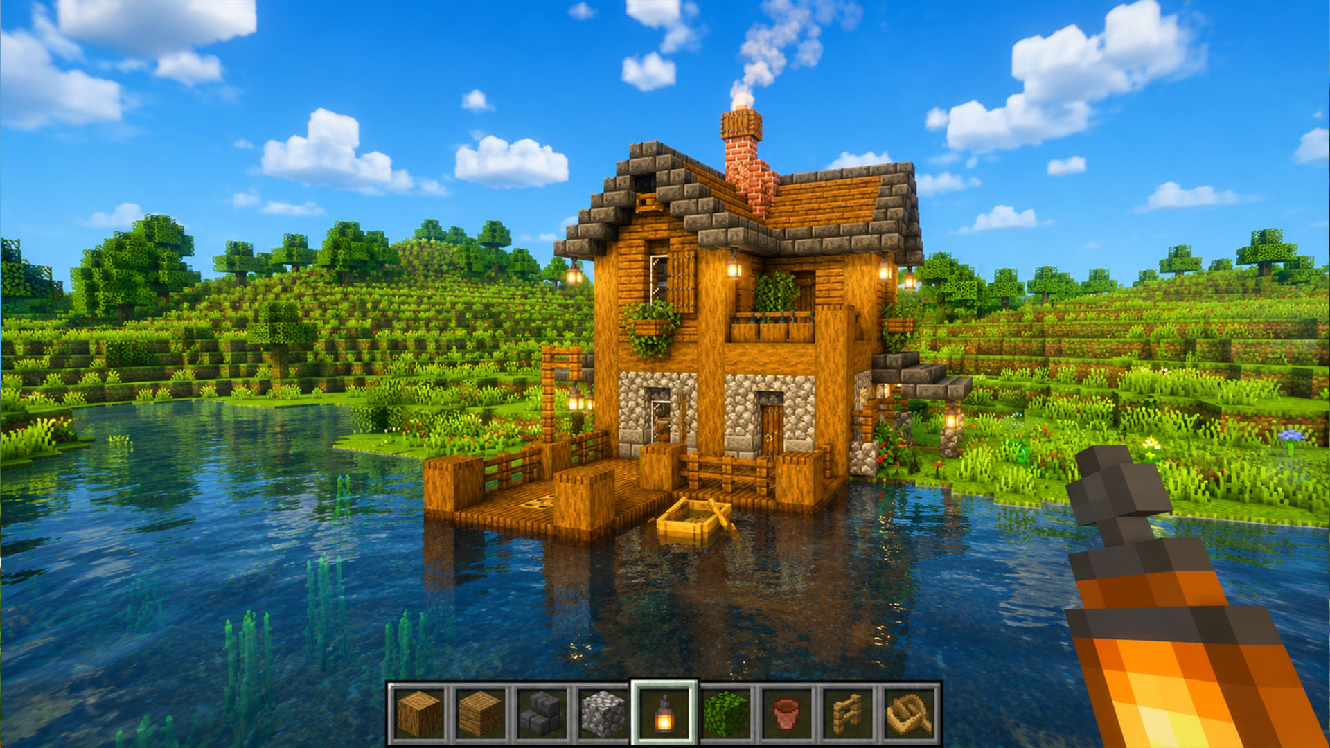 A cozy fishing house that makes Minecraft feel relaxing