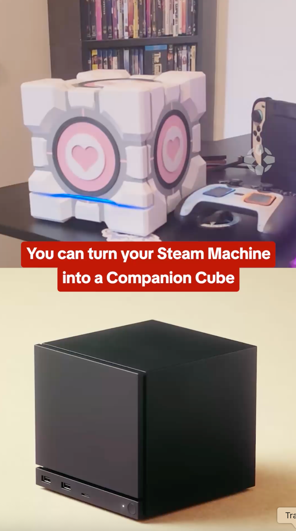 Steam machine in portal-themed companion cube case