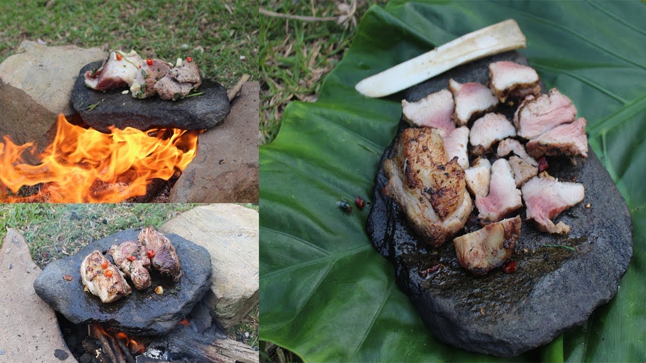 Primitive technology: Grilled meat on the rocks || Primitive technology ...