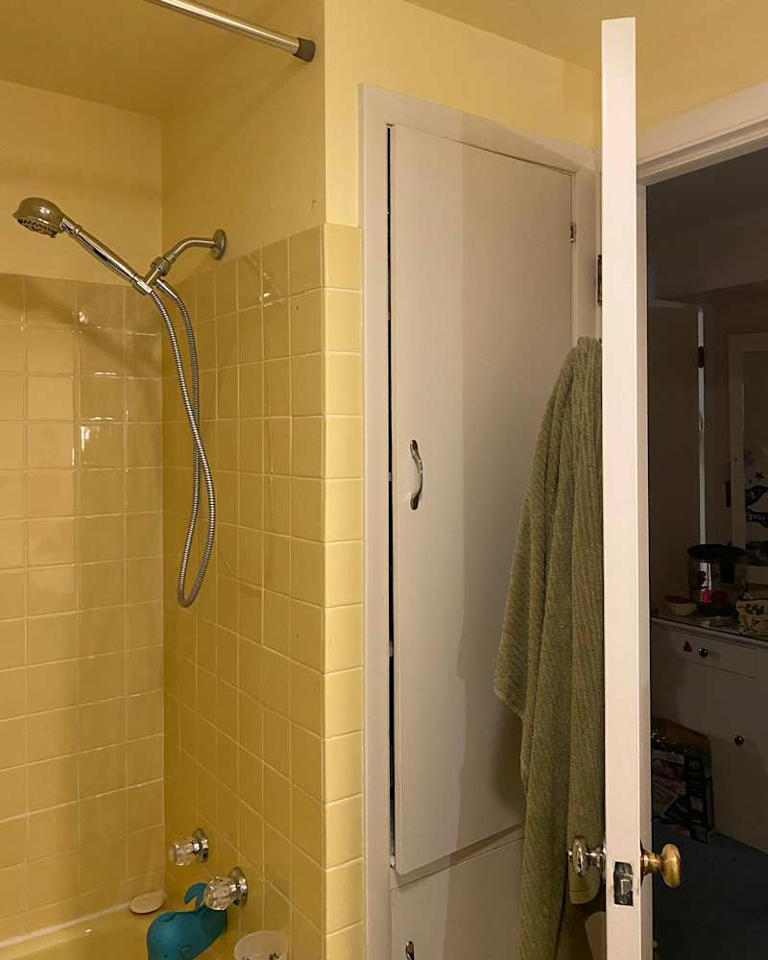 She added vintage wicker baskets to her family bathroom - so much storage!