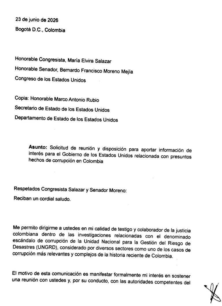 Sneyder Pinilla envió carta a Marco Rubio, Bernie Moreno y María Elvira ...