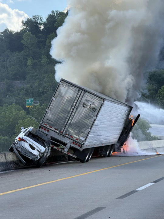 One dead after tractor-trailer crashes, catches fire on I-64