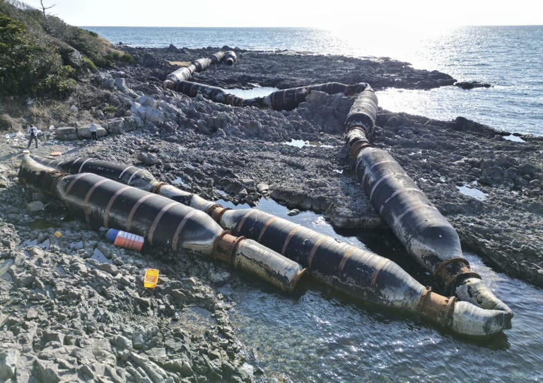 Work begins to remove giant 150-meter hose washed up in Japan seaside town