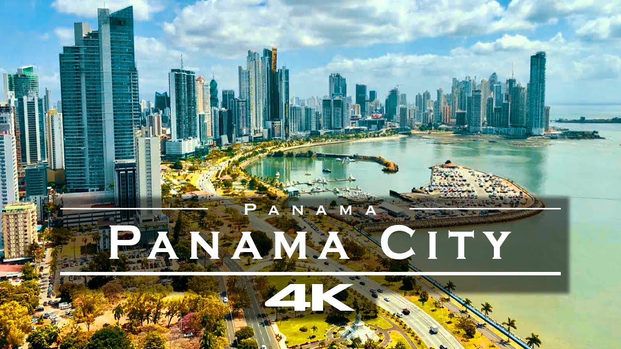 Panama City coastal skyline viewed through cinematic drone flight