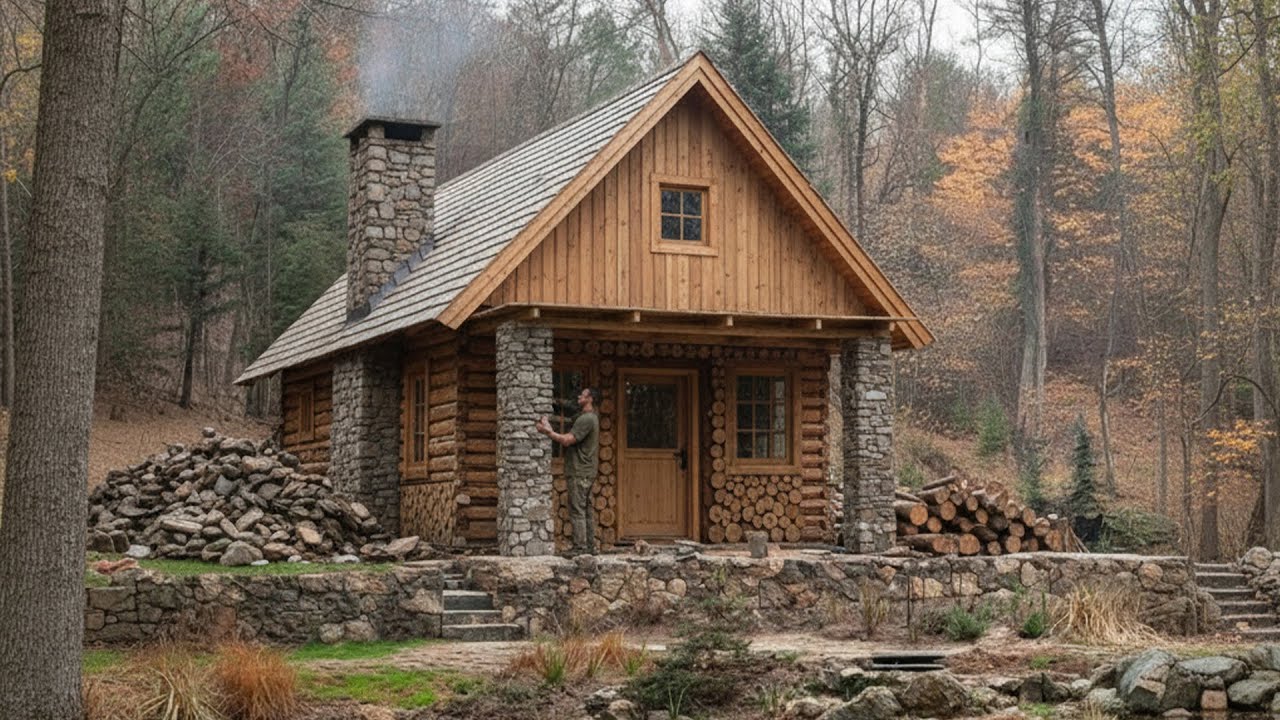 Man builds a warm cabin from stone and wood in 96 days
