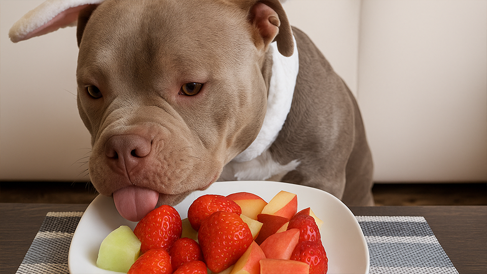 Hond eet aardbeien en fruit van een bord