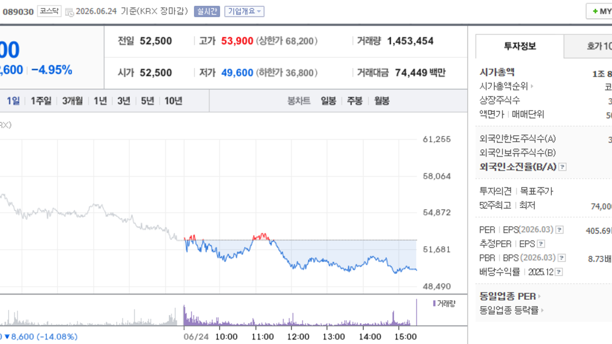 테크윙 주가, 6월 24일 49,900원 4.95% 하락 마감