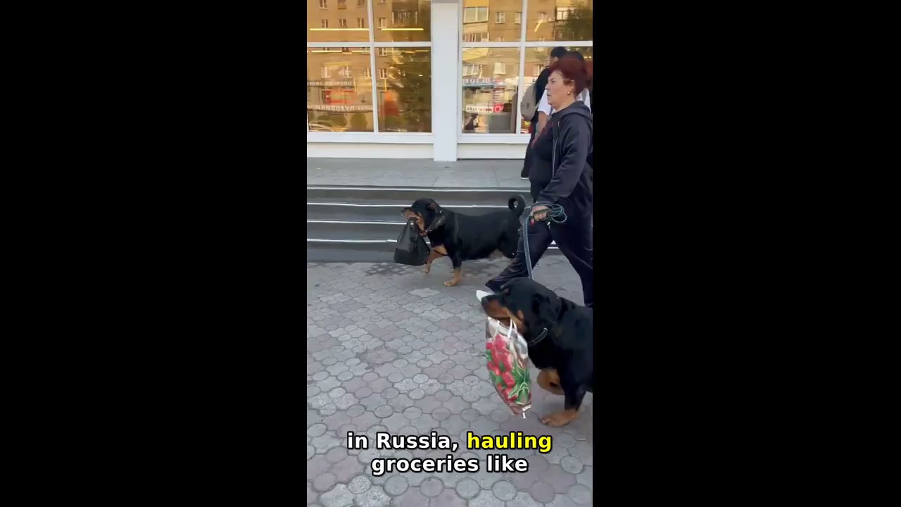 Woman’s dogs carry her groceries in Russia
