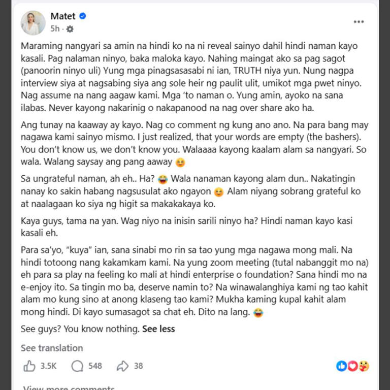 Matet de Leon, diretsahang sinita si Ian de Leon sa mga umano’y iniwang ...