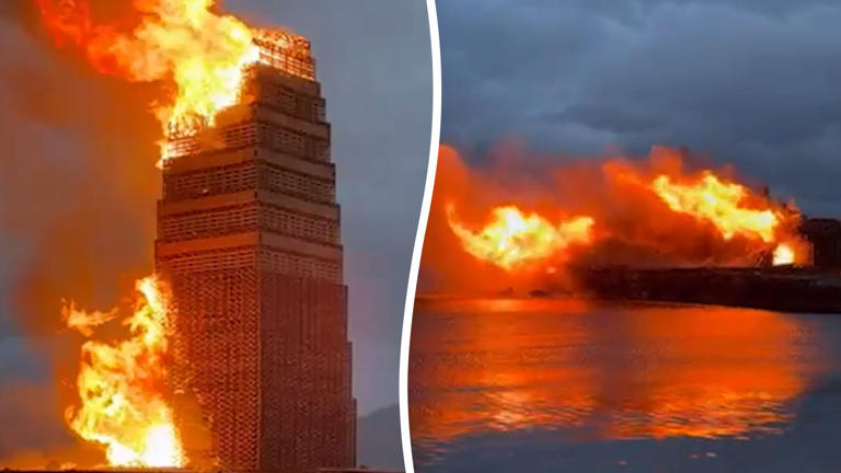 Giant tower lit up in bonfire as part of Norwegian Midsommar tradition