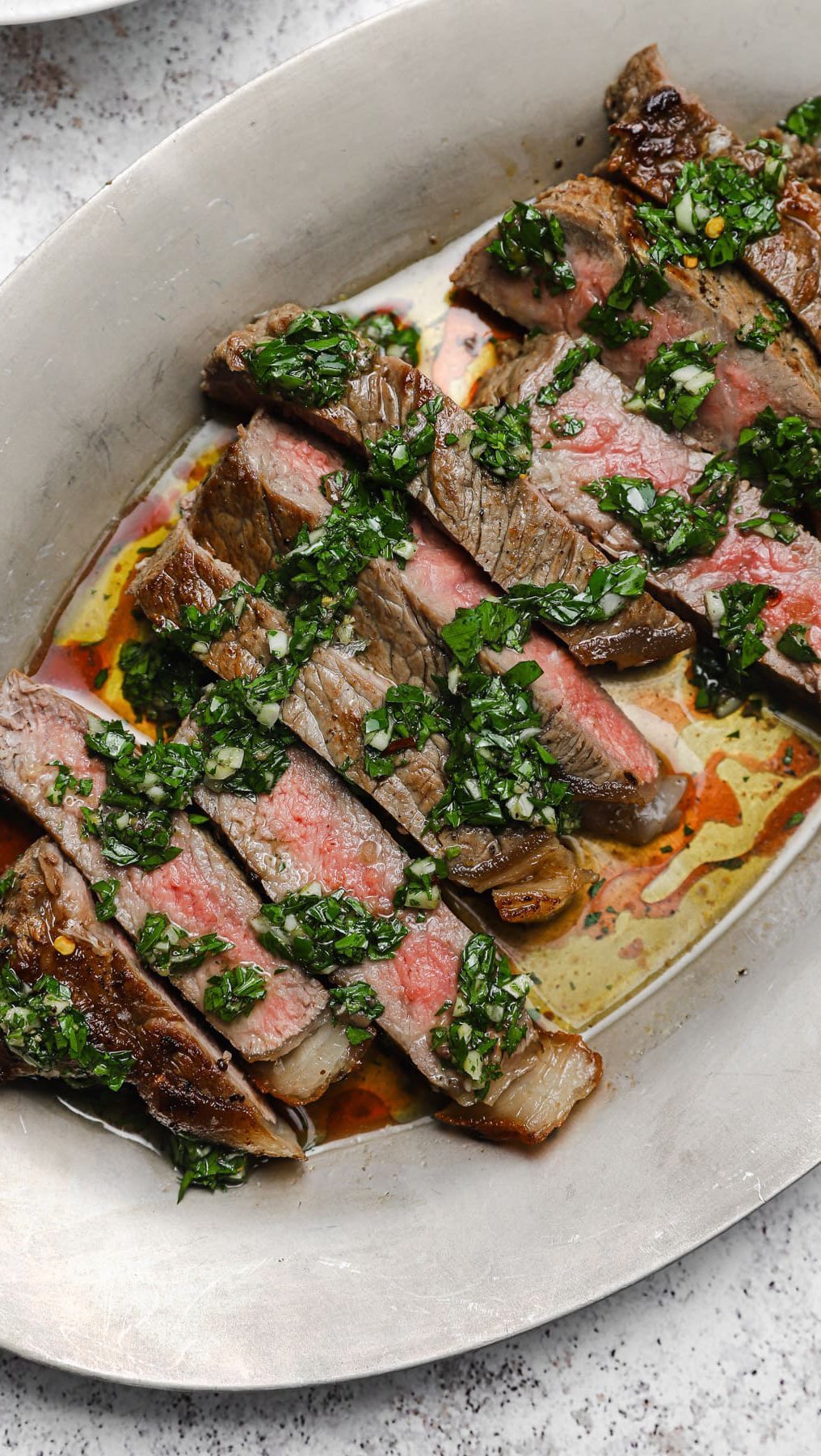 Perfectly seared NY strip steak with Italian salsa verde