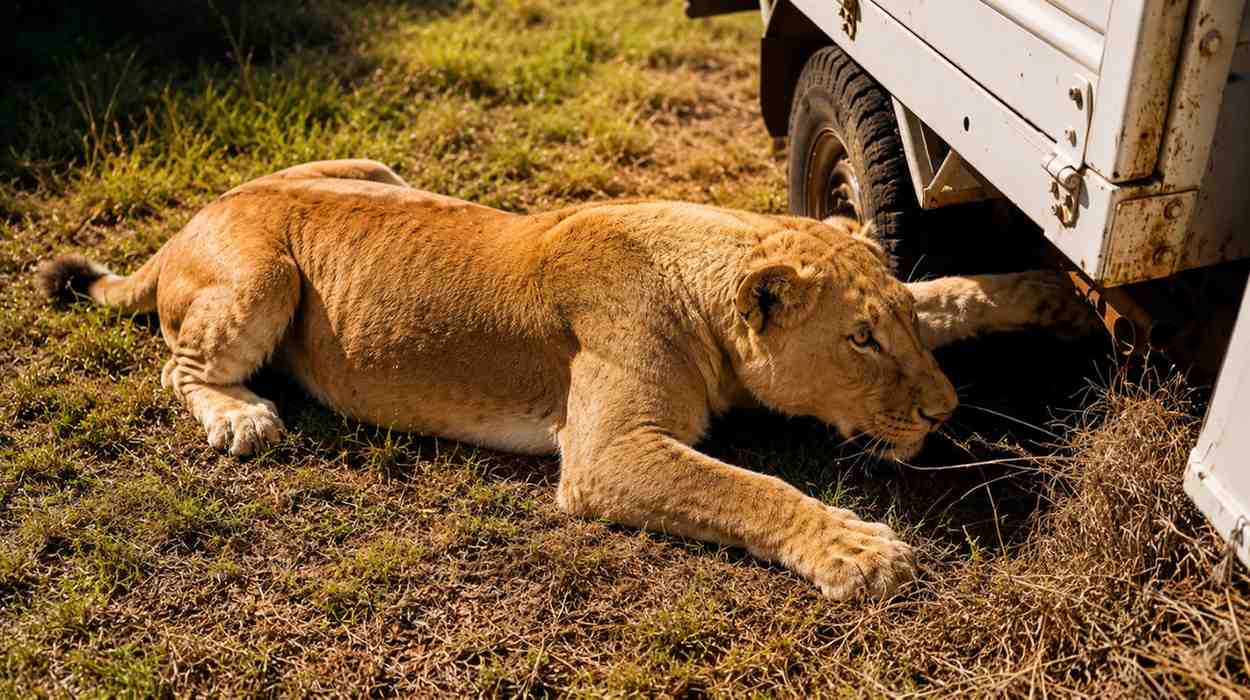 A lion turned the car tire into trouble