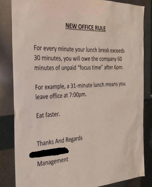 This workplace sign with an unhinged lunch break policy is going viral