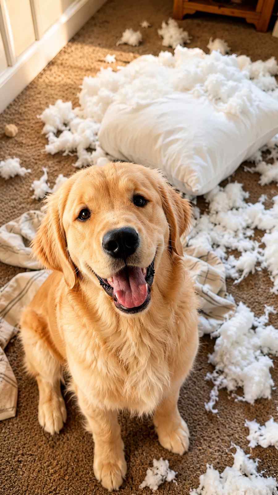 Golden retriever creates pillow chaos