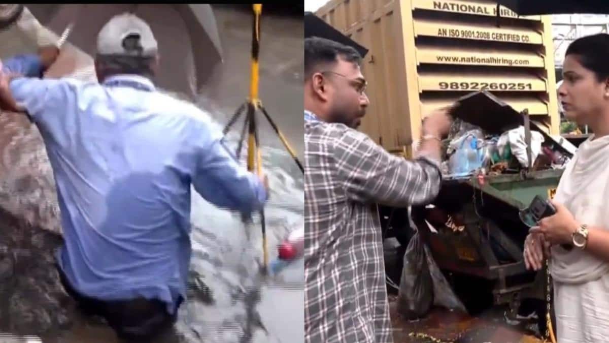 Man falls into open manhole in front of Mumbai Mayor Ritu Tawde during ...