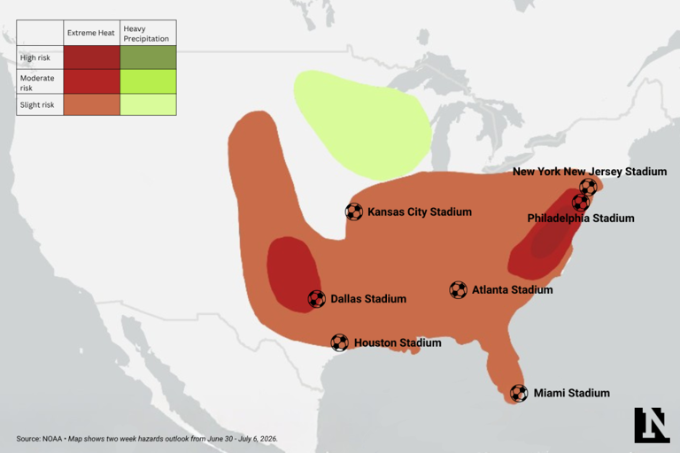 Map shows World Cup elimination games facing extreme heat warnings