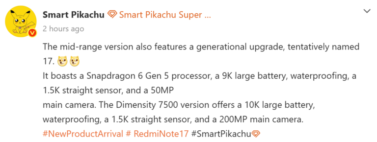 Redmi Note 17, Note 17 Pro Max display, chipset, battery, and primary ...