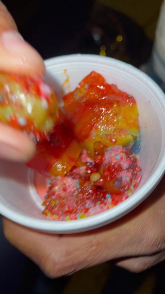 Late night taste test of my candy coated fruit cup