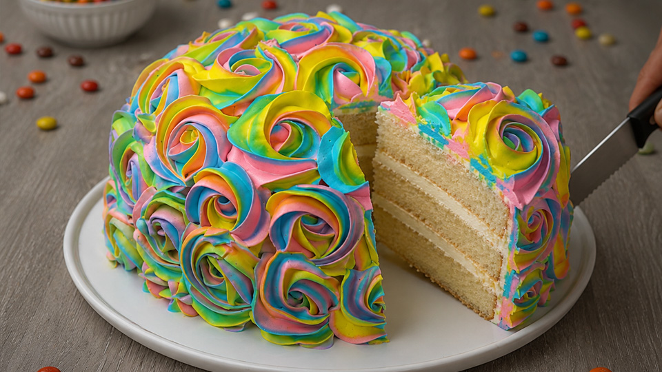 Sliced rainbow cake reveals soft layers