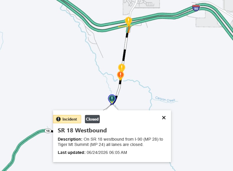 WB SR 18 at Tiger Mountain Summit, I-90 to WB SR 18 blocked after semi ...