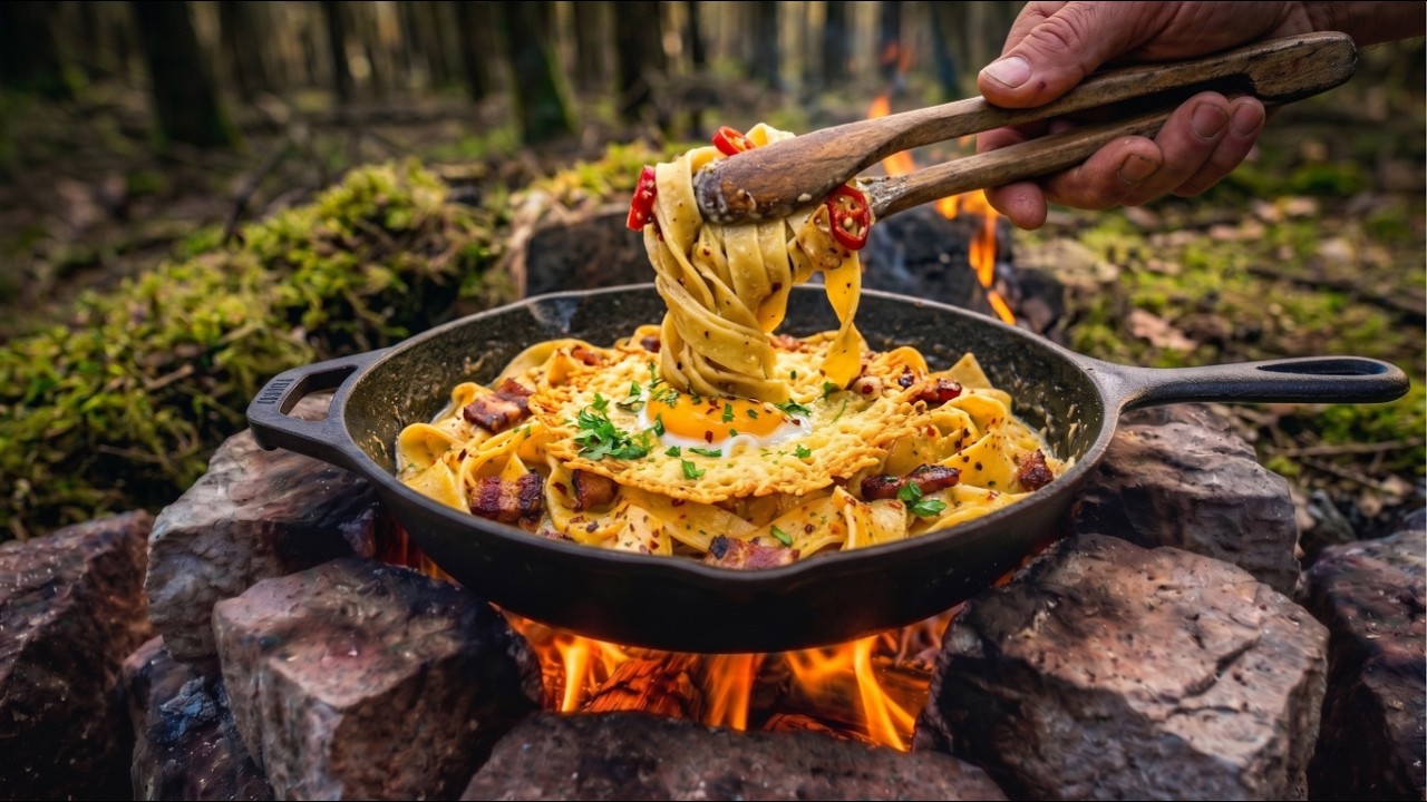 Watch how this forest carbonara comes together over open fire
