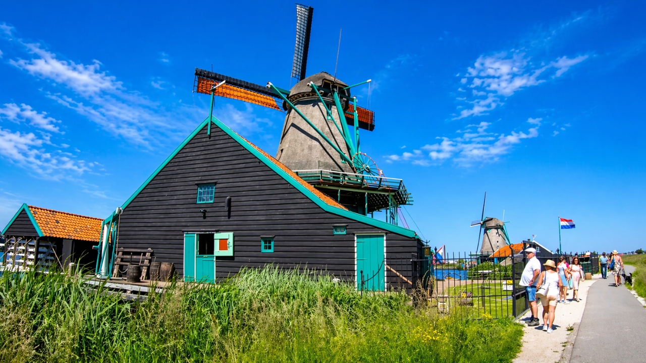 A scenic walk among historic Dutch windmills (4K)