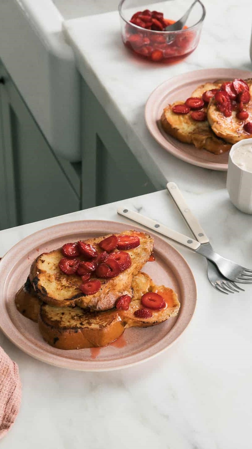 Delicious custard French toast with macerated strawberries