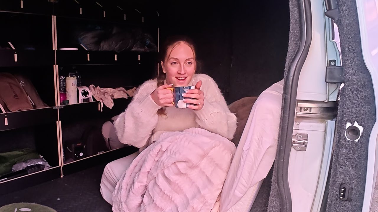 Solo winter van camping. A cosy evening