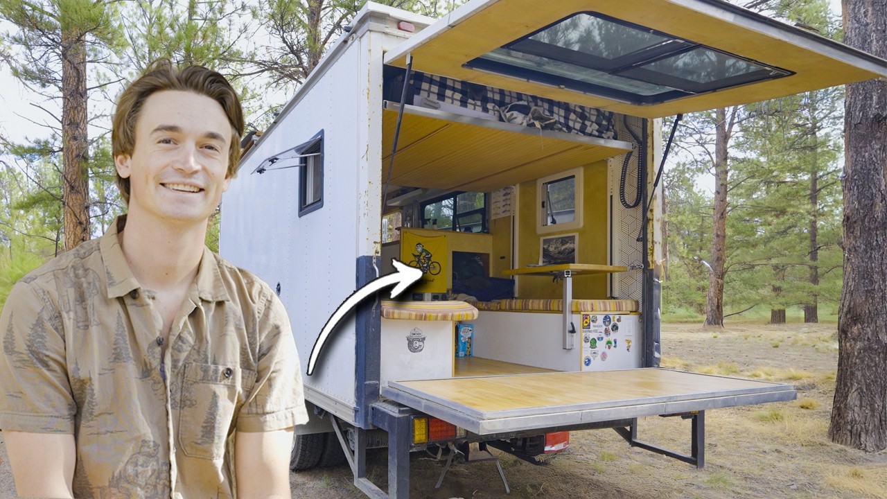 Inside a box truck transformed into a cozy tiny home