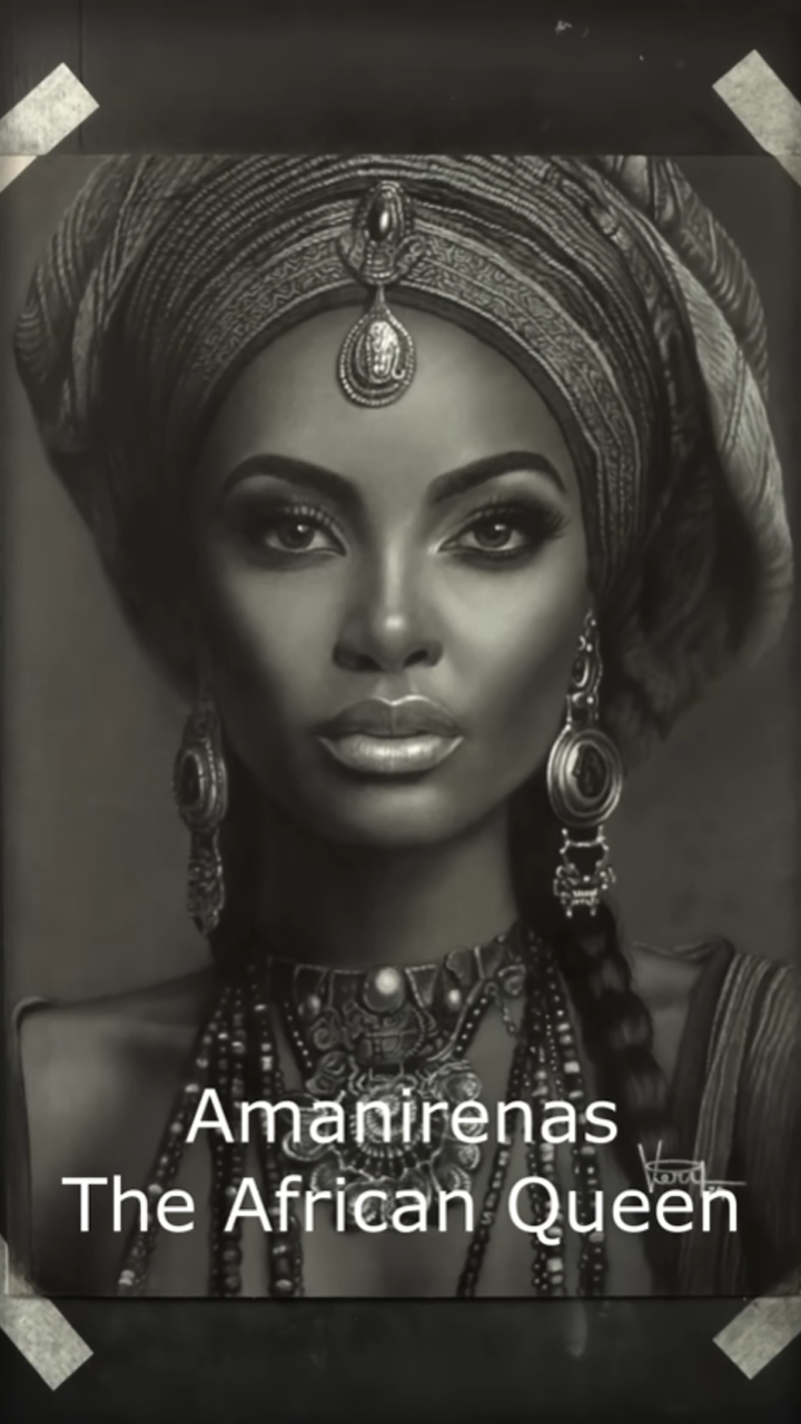 Cinematic Amanirenas portrait drawing with regal beauty and realism