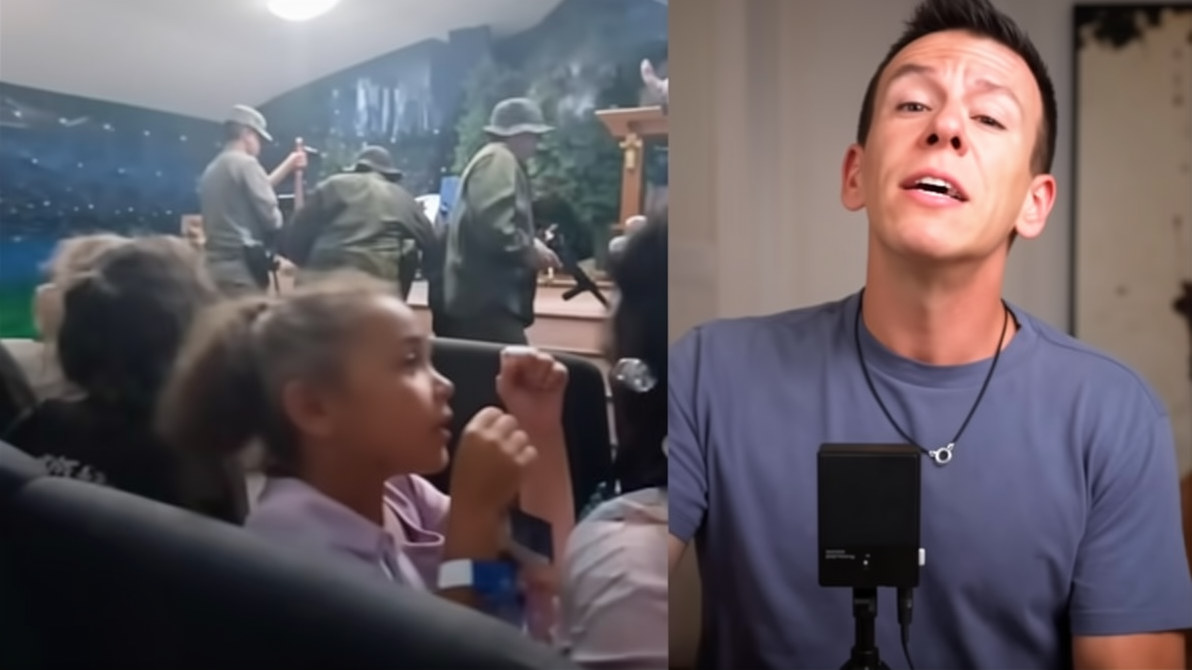 Video shows pastor doing a mock firing squad skit in front of kids