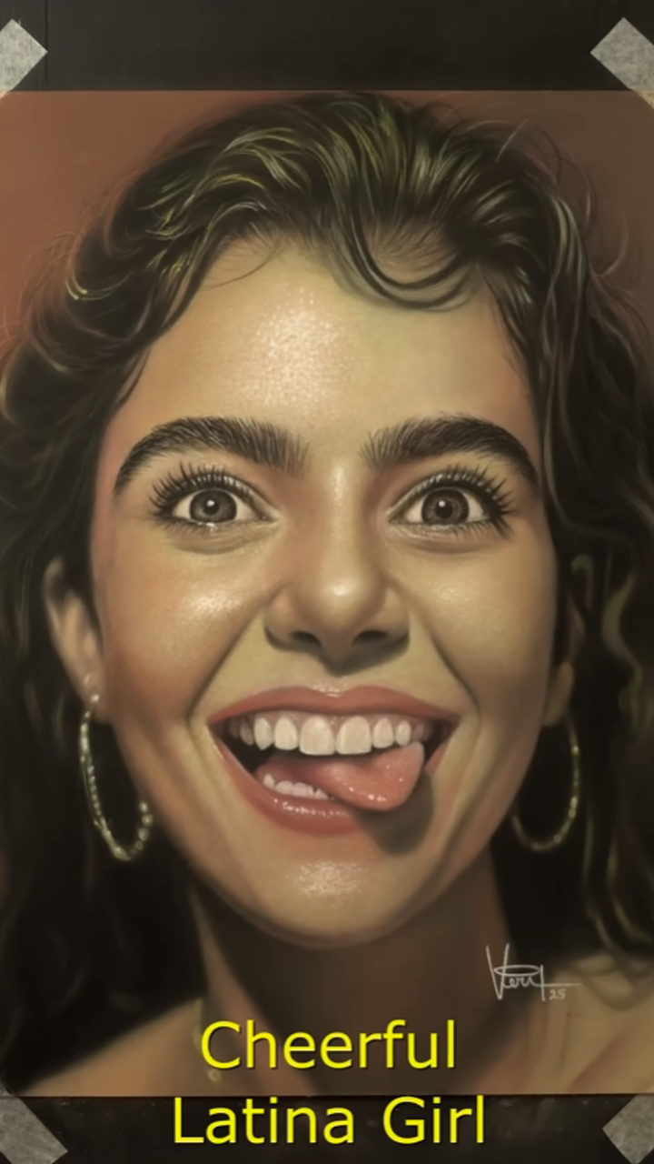 Color portrait drawing tutorial featuring a joyful Latina girl expression