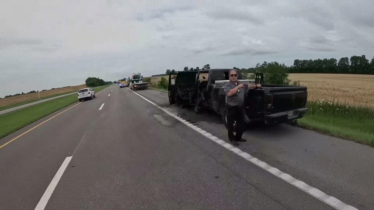 Code 3 call: Fiery pickup truck on interstate