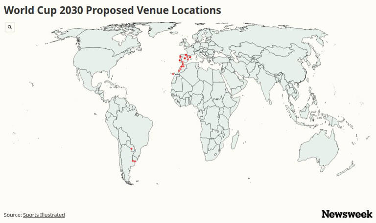 Map shows 2030 World Cup stadium locations across 6 countries