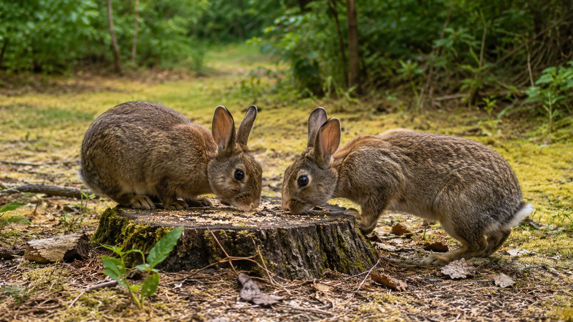 A peaceful forest moment with two wild rabbits