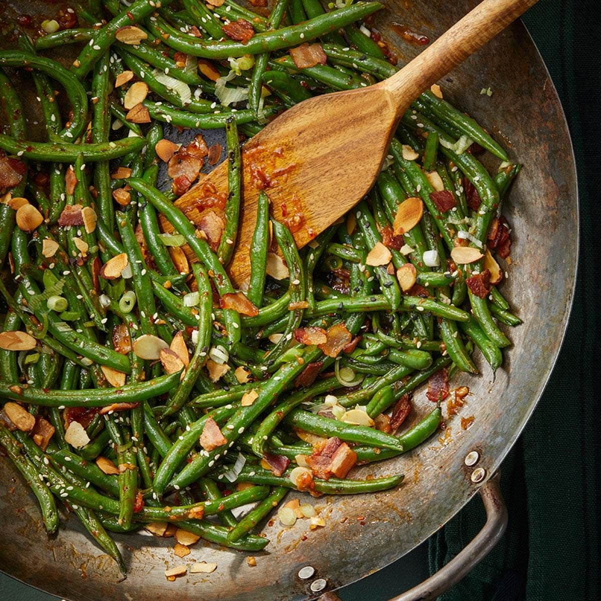 Wok-seared green beans with bacon and chili crisp