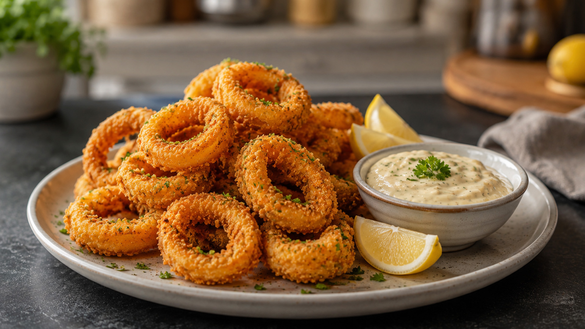 Panko bread crumbs give calamari a crunchy coating