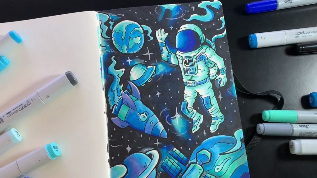 Creating an epic space art doodle with alcohol markers