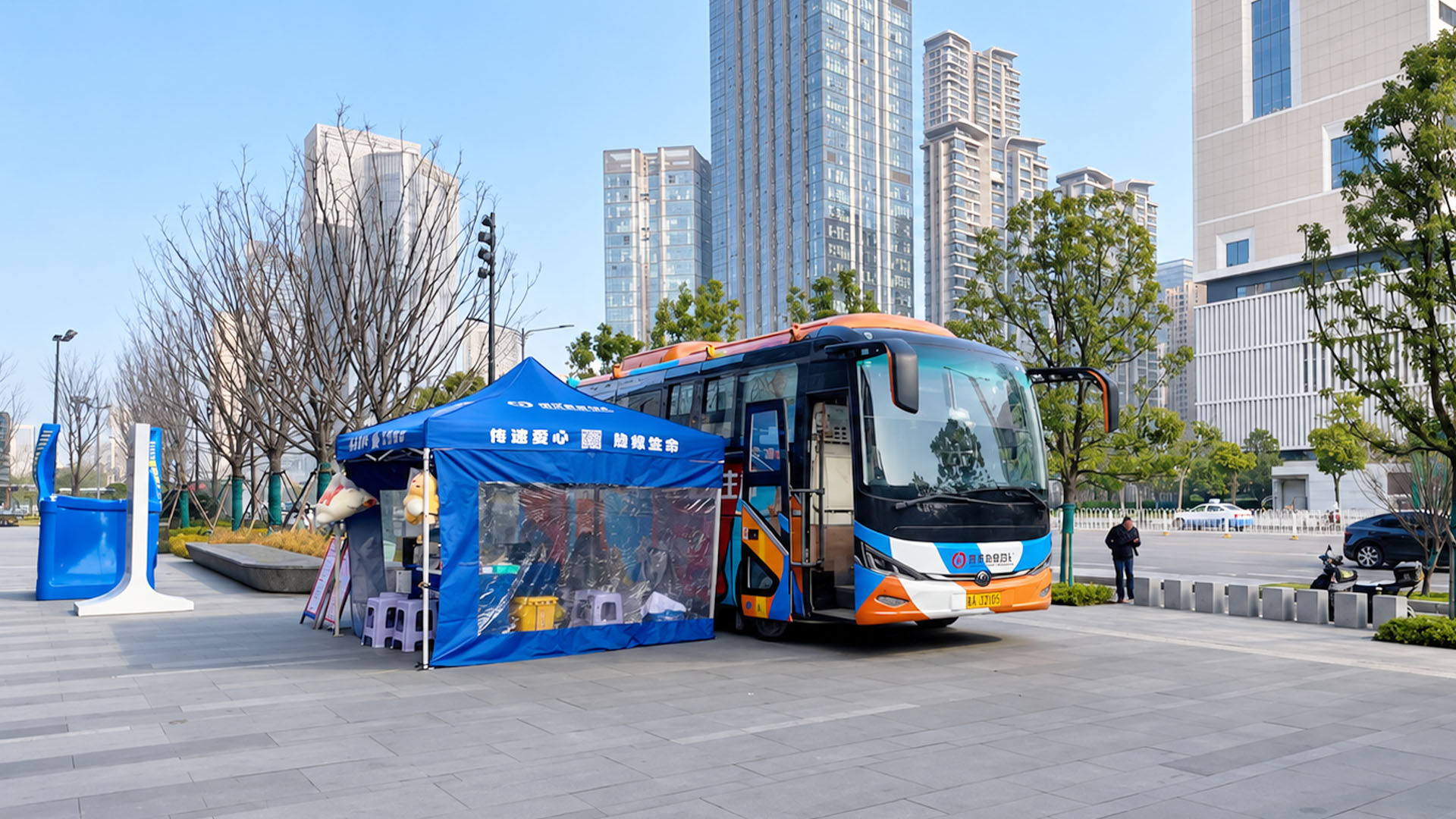 China’s towering skyline rises behind this colorful modern bus