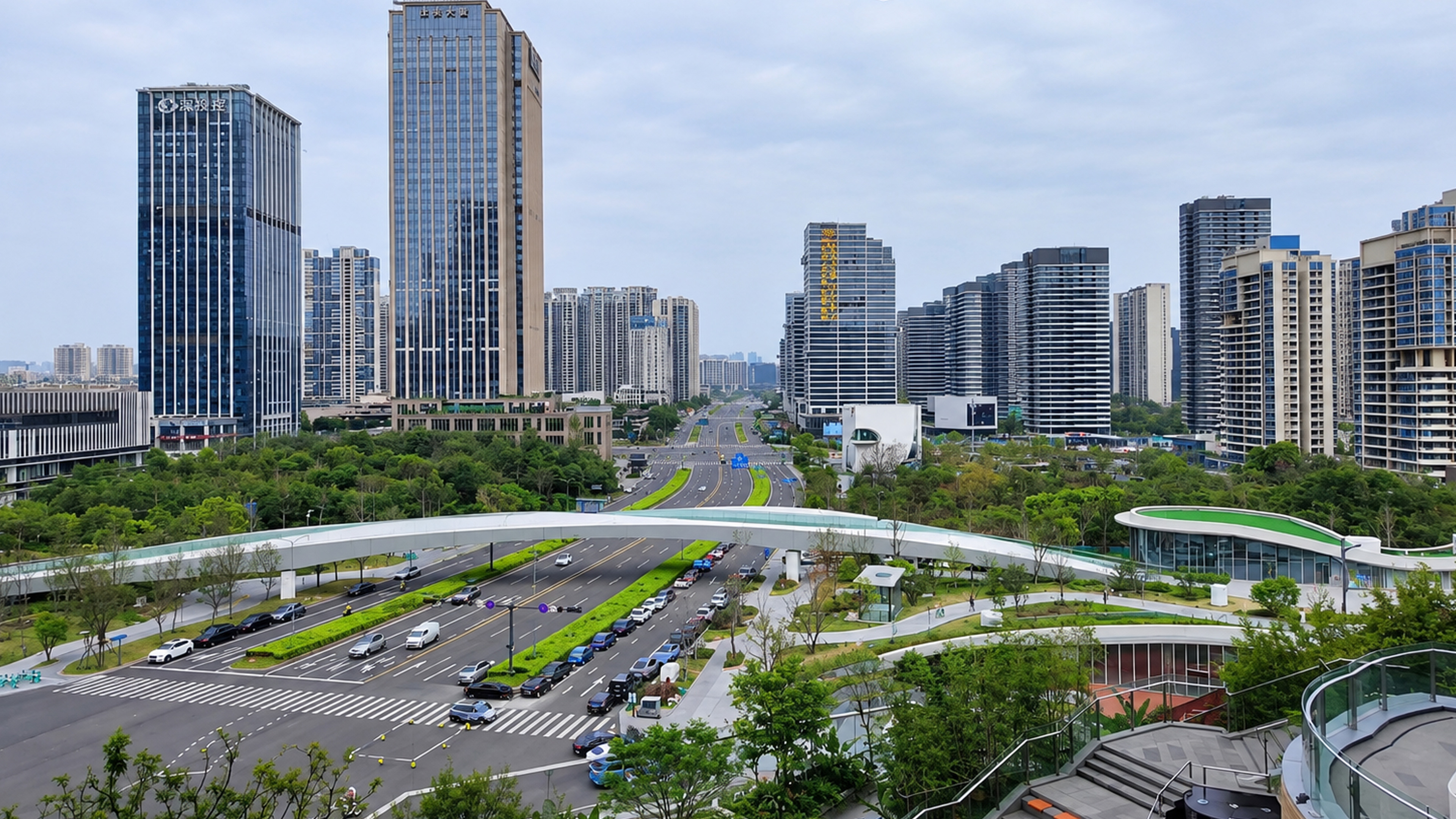A curved white skybridge crosses China’s dense urban skyline