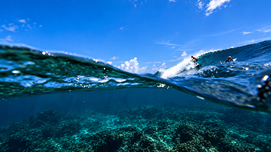 Surfing above a crystal clear tropical reef