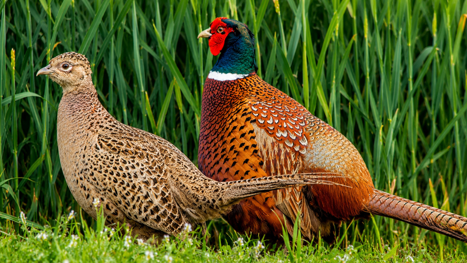Hidden Camera Captures A Pheasant Pair Moving Through Tall Grass 5452
